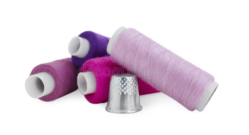 Thimble and Spools of Sewing Thread Isolated on White Stock Image ...