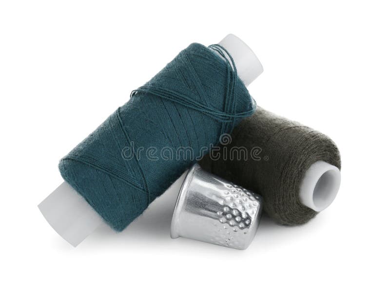 Thimble and Spools of Sewing Threads Isolated on White Stock Photo ...