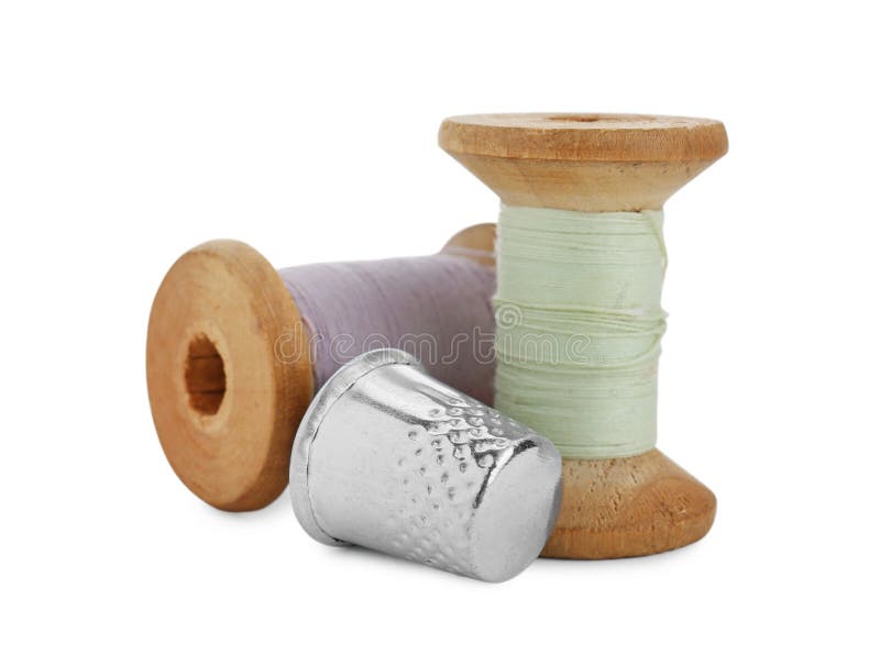 Thimble and Spools of Sewing Threads Isolated on White Stock Photo ...