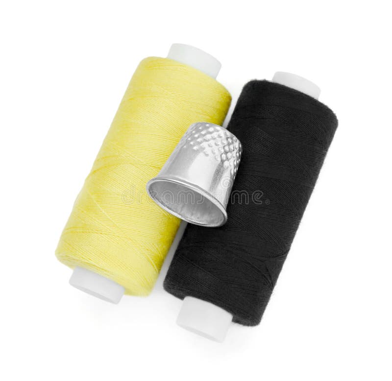 Thimble and Spools of Sewing Threads Isolated on White, Top View Stock ...