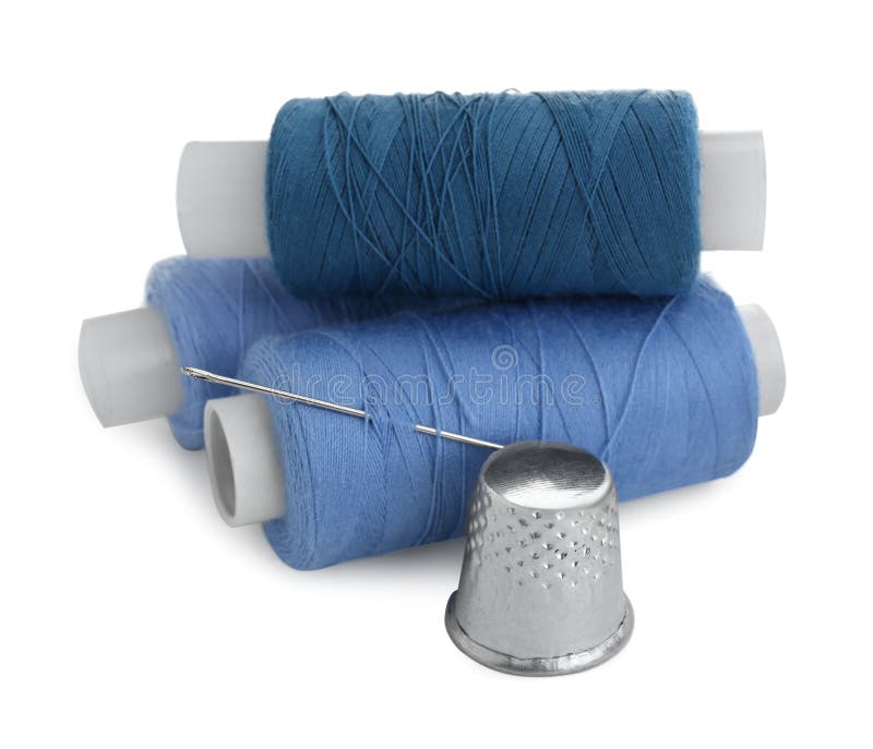 Thimble, Spools of Sewing Threads and Needle Isolated on White Stock ...