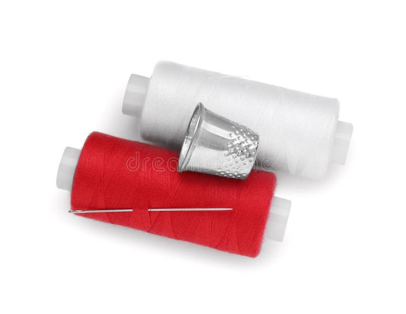 Thimble, Spools of Sewing Threads and Needle Isolated on White, Top ...