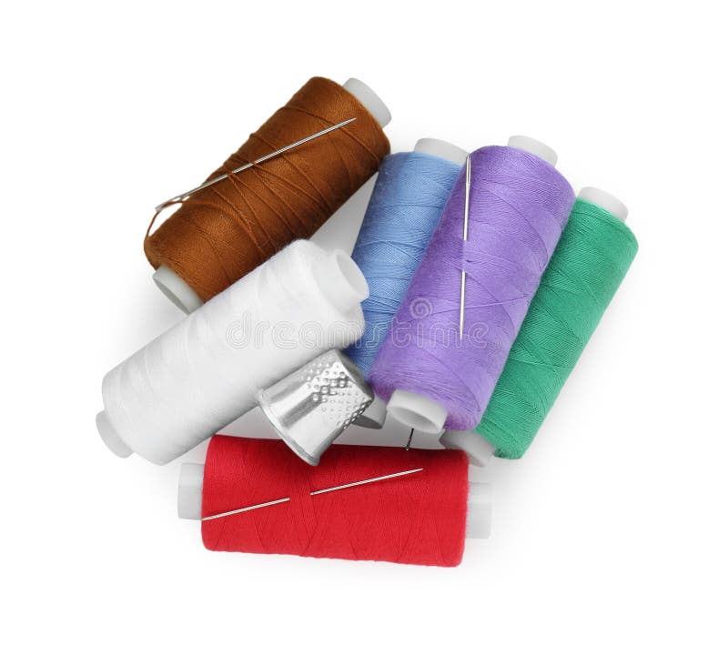 Thimble, Spools of Sewing Threads and Needles Isolated on White, Top ...