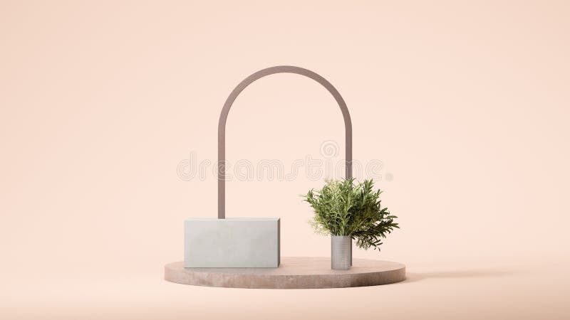 Thin Arc with Green Plant on the Round Podium. Minimal Design. 3d ...