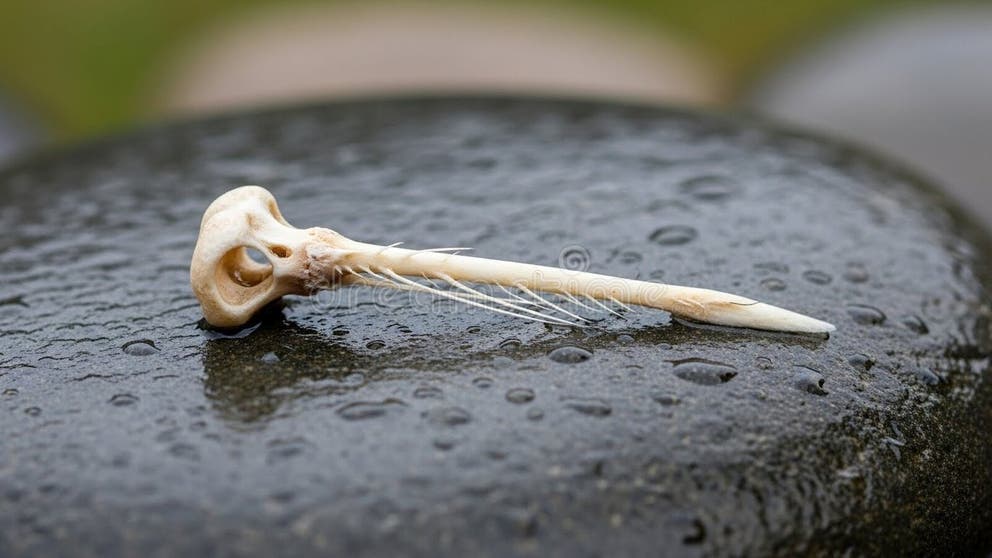 A Thin Bird Sternum Bone Rests on a Smooth, Wet Stone Surface Stock ...