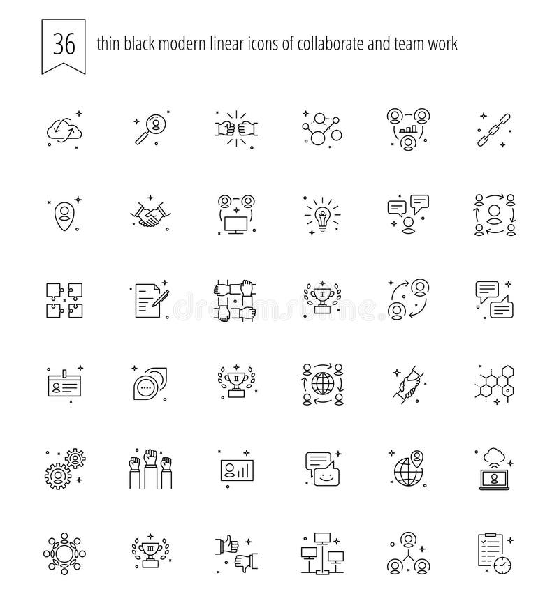 36 Thin Black Modern Linear Icons of Collaborate and Teamwork for Web ...