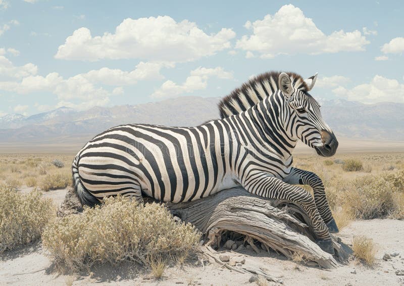 On Thin Branch of Withered Tree, Zebra Stands in Surreal Landscape ...
