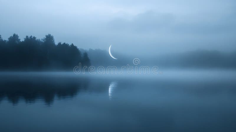 A Thin Crescent Moon Hovering Over a Still Misty Lake Stock ...