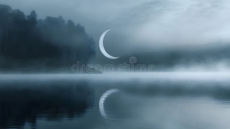 A Thin Crescent Moon Hovering Over a Still Misty Lake Stock ...