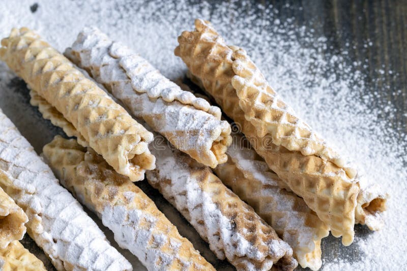 Thin Crispy Waffles Lie on a Black Table Stock Photo - Image of element ...