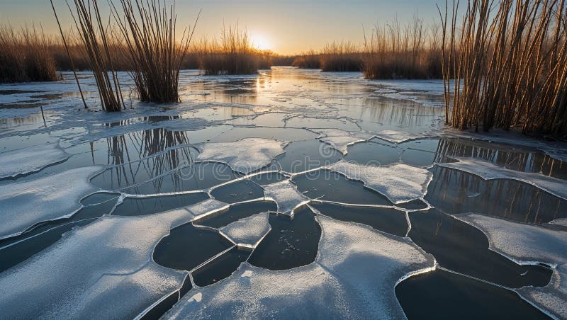 Thin Crust of Ice Cracking Across Shallow Marsh with Reeds Glowing in ...