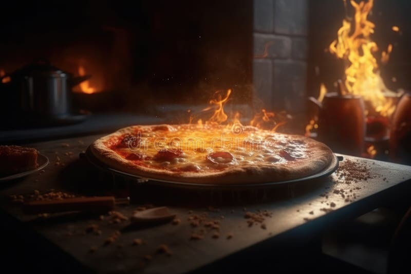 Thin Crust Pizza Cooked in the Oven, Fire, Meat and Cheese, Fast Food ...