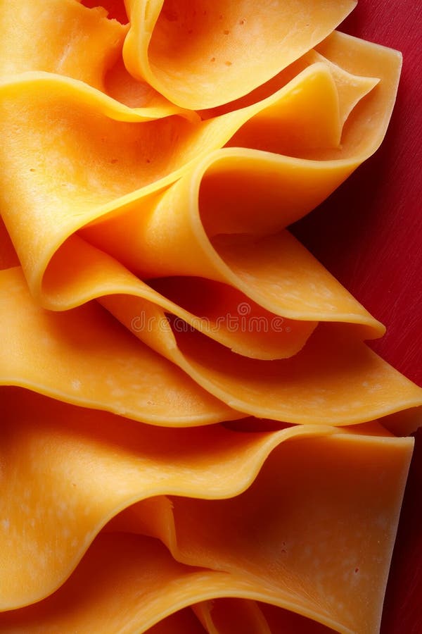 Thin, Curled Slices of Cheddar Cheese Lie Elegantly on a Vibrant Red ...