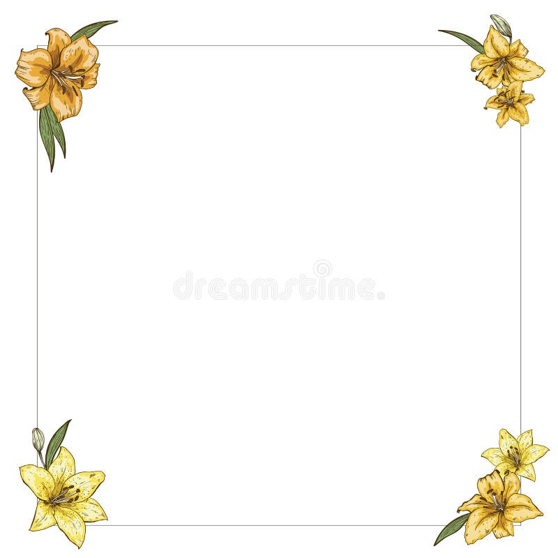 Thin Frame with Yellow Lilies in the Corners. Ready Template for Your ...