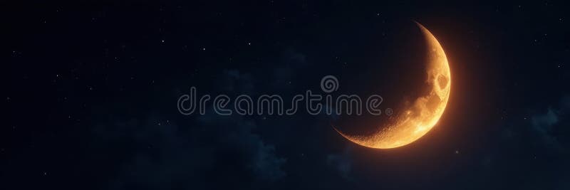 A Thin Golden Crescent Moon Hangs Elegantly in the Inky Black Void ...