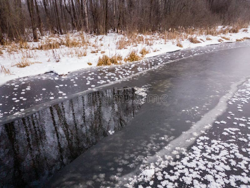 Thin Ice on the River with Open Water. Reflection of Trees. Stock Image ...