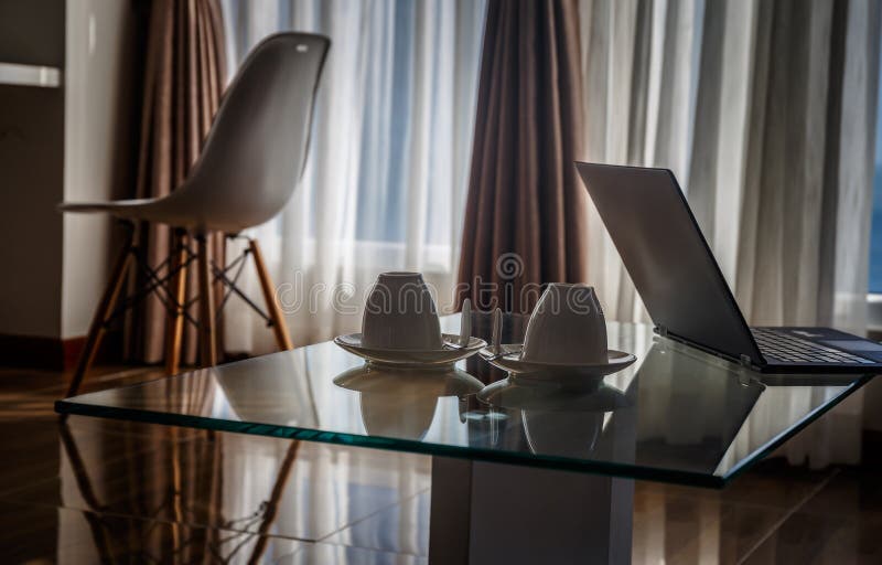 Thin Laptop on Glass Table. Stock Image - Image of notebook, electronic ...