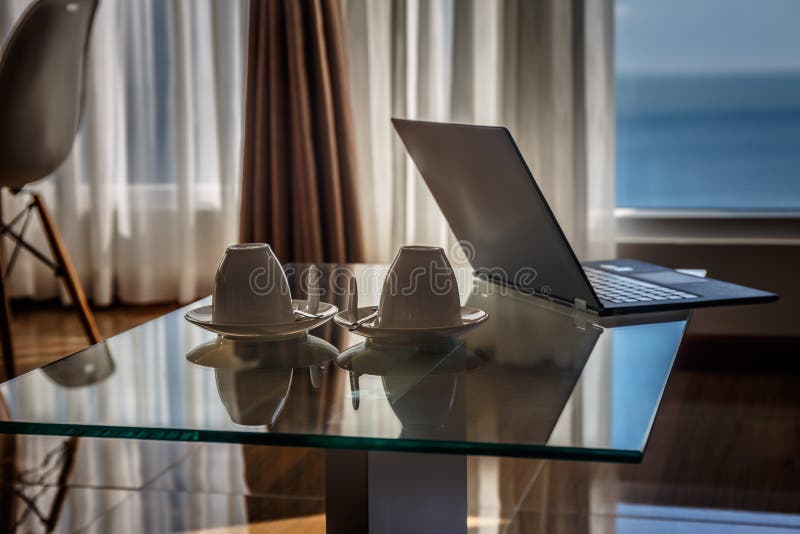 Thin Laptop on Glass Table. Stock Photo - Image of desk, business ...