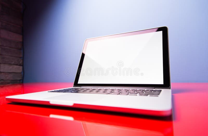 Thin Laptop on Red with Blank Monitor Stock Image - Image of table ...