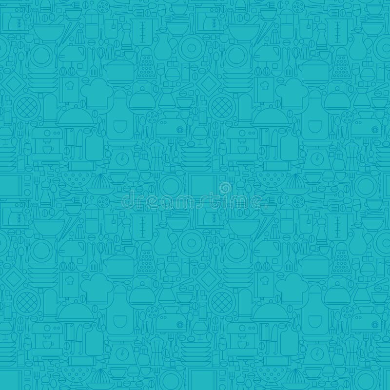 Thin Line Blue Kitchenware and Cooking Seamless Pattern Stock Vector ...