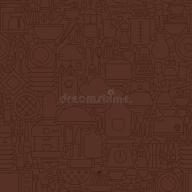 Thin Line Brown Kitchenware and Cooking Seamless Pattern Stock Vector ...