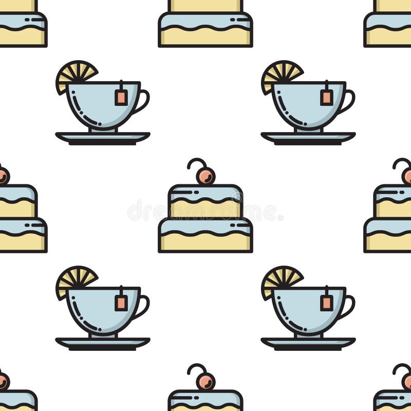 Thin Line Cake and Tea Cup Seamless Pattern Stock Vector - Illustration ...