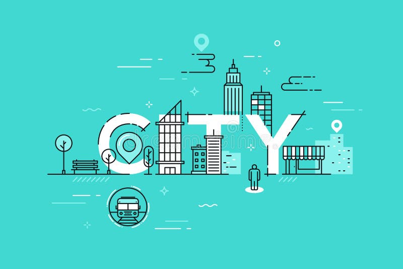 Word City with City, Old Town Cartoon Buildings Icons, Typographic ...