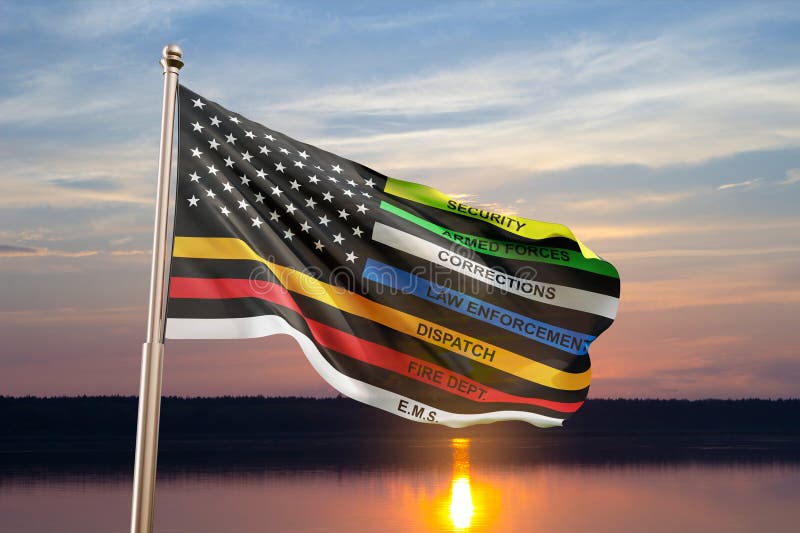 Thin Line First Responder Flag Against the Sunset Stock Illustration ...