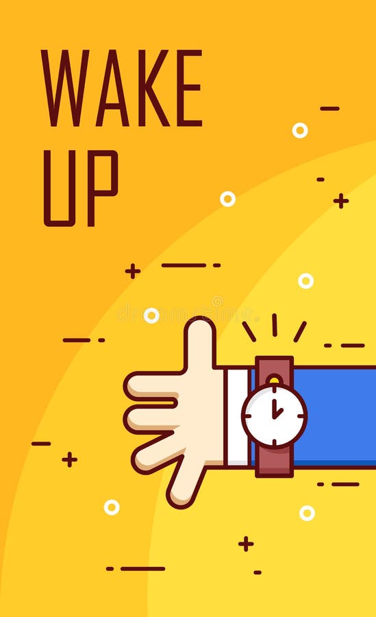 Wake Up Poster with Alarm and Rooster. Thin Line Flat Design Stock ...