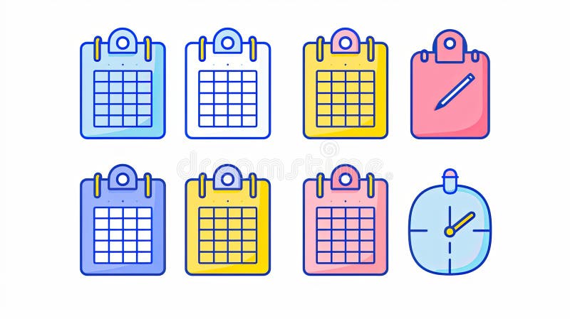 Thin Line Icon Set Featuring Various Calendar Designs and a Stopwatch ...