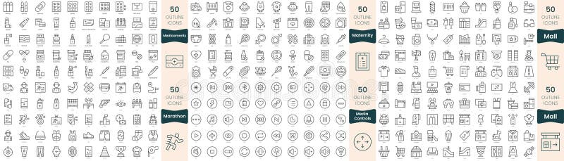 300 Thin Line Icons Bundle. in this Set Include Mall, Marathon, Maternity, Media Controls ...
