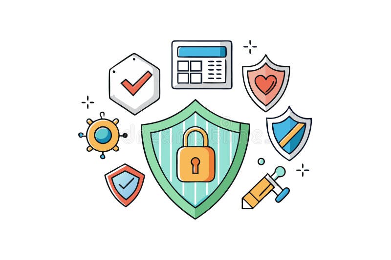 Thin Line Icons of Cybersecurity Elements Like Shields, Padlocks, and ...