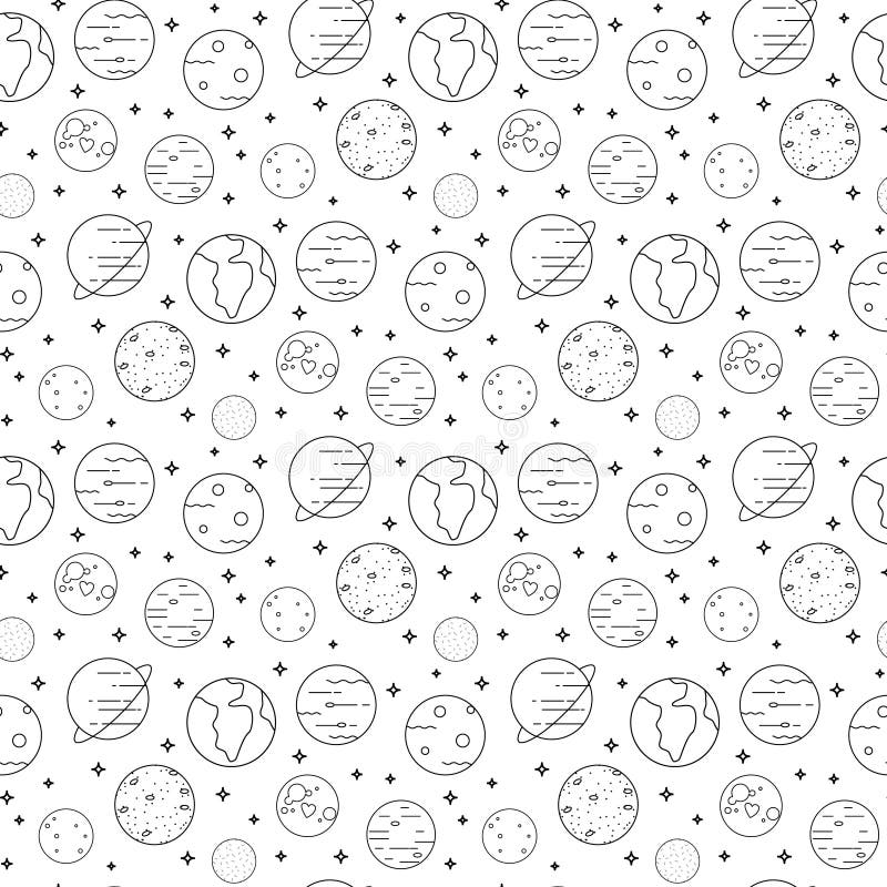 Thin Line Icons of Planets in Seamless Pattern. Modern Flat Line Design ...