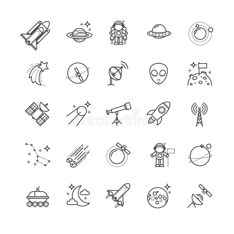Space Research Linear Thin Line Icons Set with Shuttle Astronaut and ... Space Research Linear Thin Line Icons Set with Shuttle Astronaut and ...