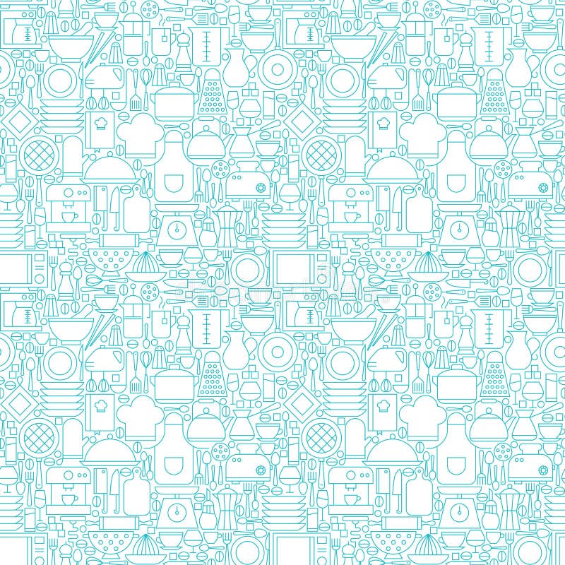 Thin Line Kitchen Appliances and Cooking White Seamless Pattern Stock ...