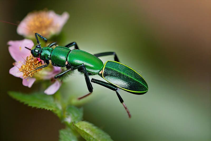 Thin Long Green Beetle on Flower with Greenery in Nature. Stock ...