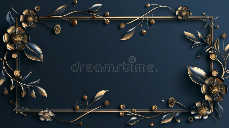 Thin Metal Rectangular Frame with Floral Elements on a Blue Background ...
