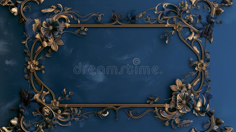 Thin Metal Rectangular Frame with Floral Elements on a Blue Background ...