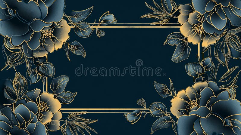 Thin Metal Rectangular Frame with Floral Elements on a Blue Background ...