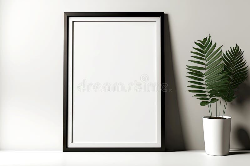 Thin Picture Frame Mockup with Dark Edging and Green Plant Standing ...