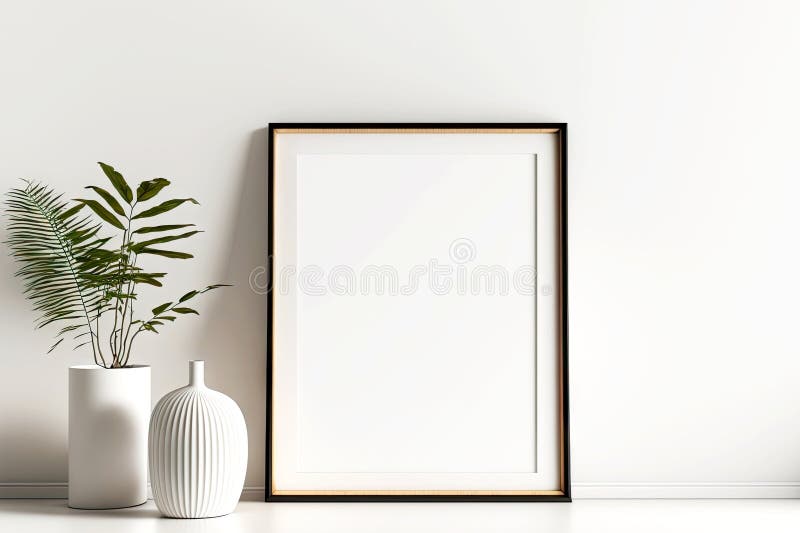 Thin Picture Frame Mockup with Dark Edging and Green Plant Standing ...