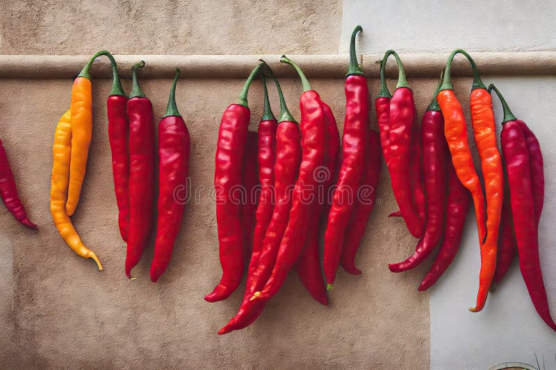 Thin Pods of Bitter Red Pepper Hanging for Drying on Wall Stock ...