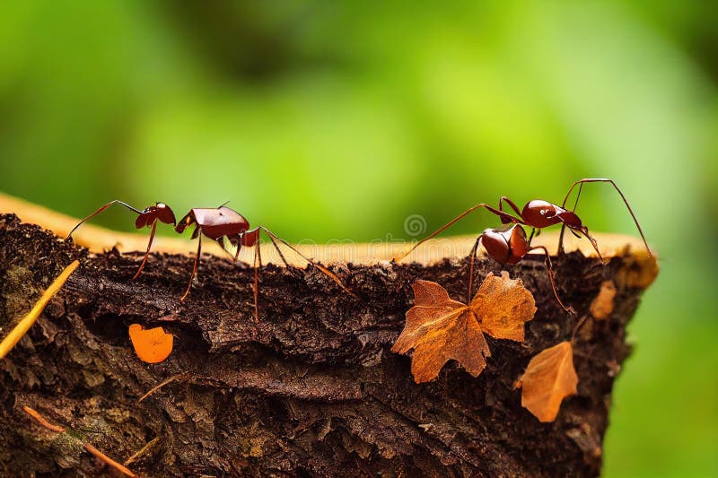 Thin Red Ants Crawling on Wooden Branch on Bright Green Background ...