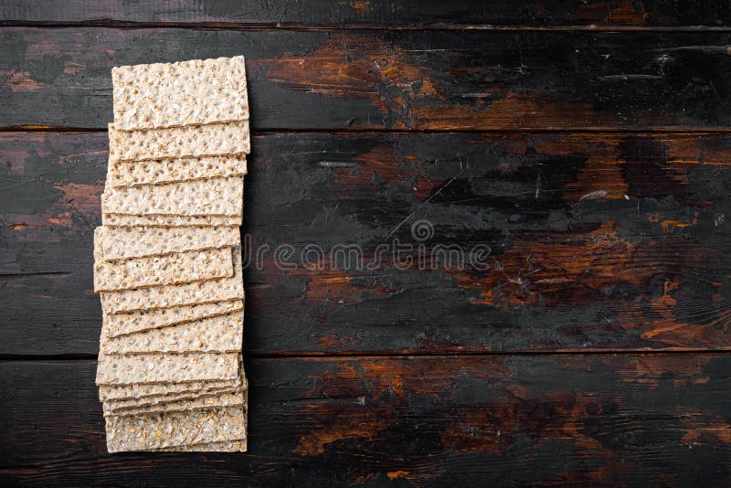 Thin Rye Crispy Cracker, on Old Dark Wooden Table Background, Top View ...