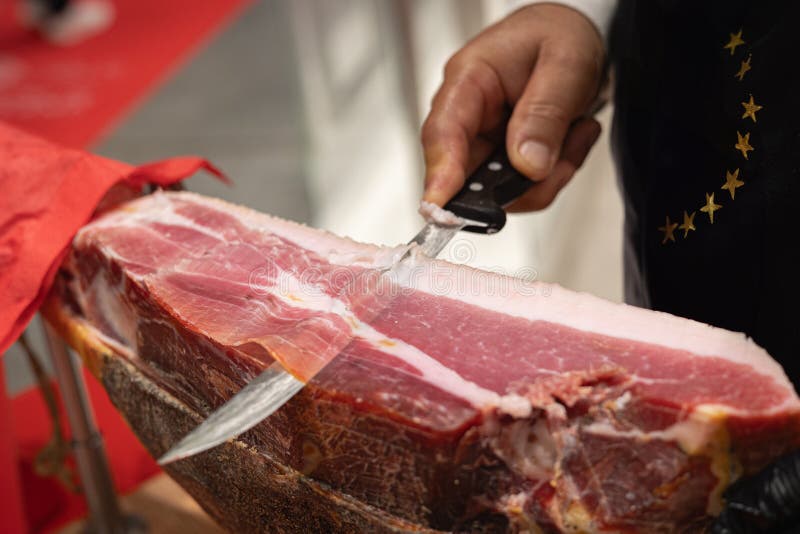 Thin Slice of Raw Ham Leg Inside Cutting Holder Cut by Hand with a ...