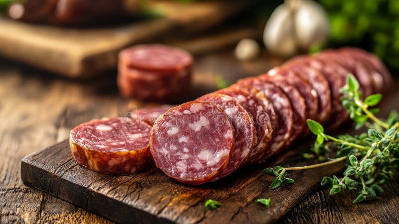 Thin Slices of Salami Displayed on a Wooden Board, Garnished with Fresh ...