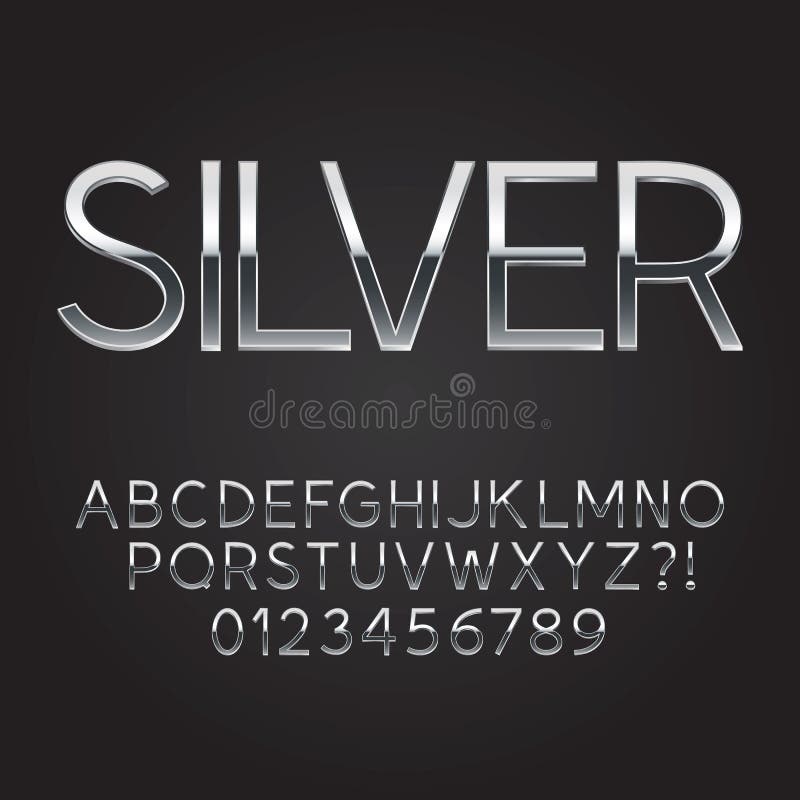 Silver Font Numbers and Letters Alphabet Typography. Vector Chrome ...