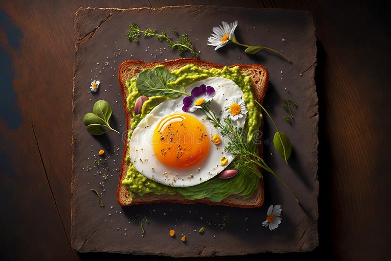 Thin Toast with Avocado Decorated with Fresh Herbs and Fried Egg Stock ...