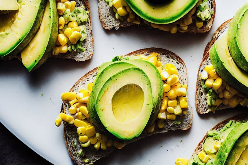 Thin Toast with Avocado and Golden Corn Kernels on Table Stock ...