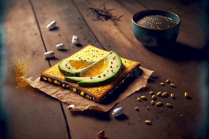 Thin Toast with Avocado and Golden Corn Kernels on Table Stock ...